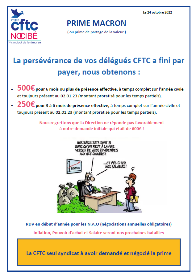 Montant de la prime de partage de la valeur - CFTC-NOCIBE Montant de la prime de partage de la valeur - CFTC-NOCIBE
